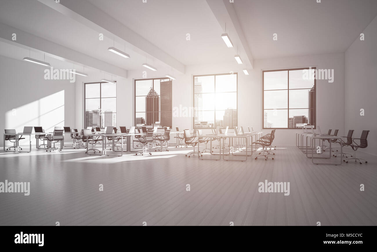 Office interior design in whire color and rays of light from win Stock ...
