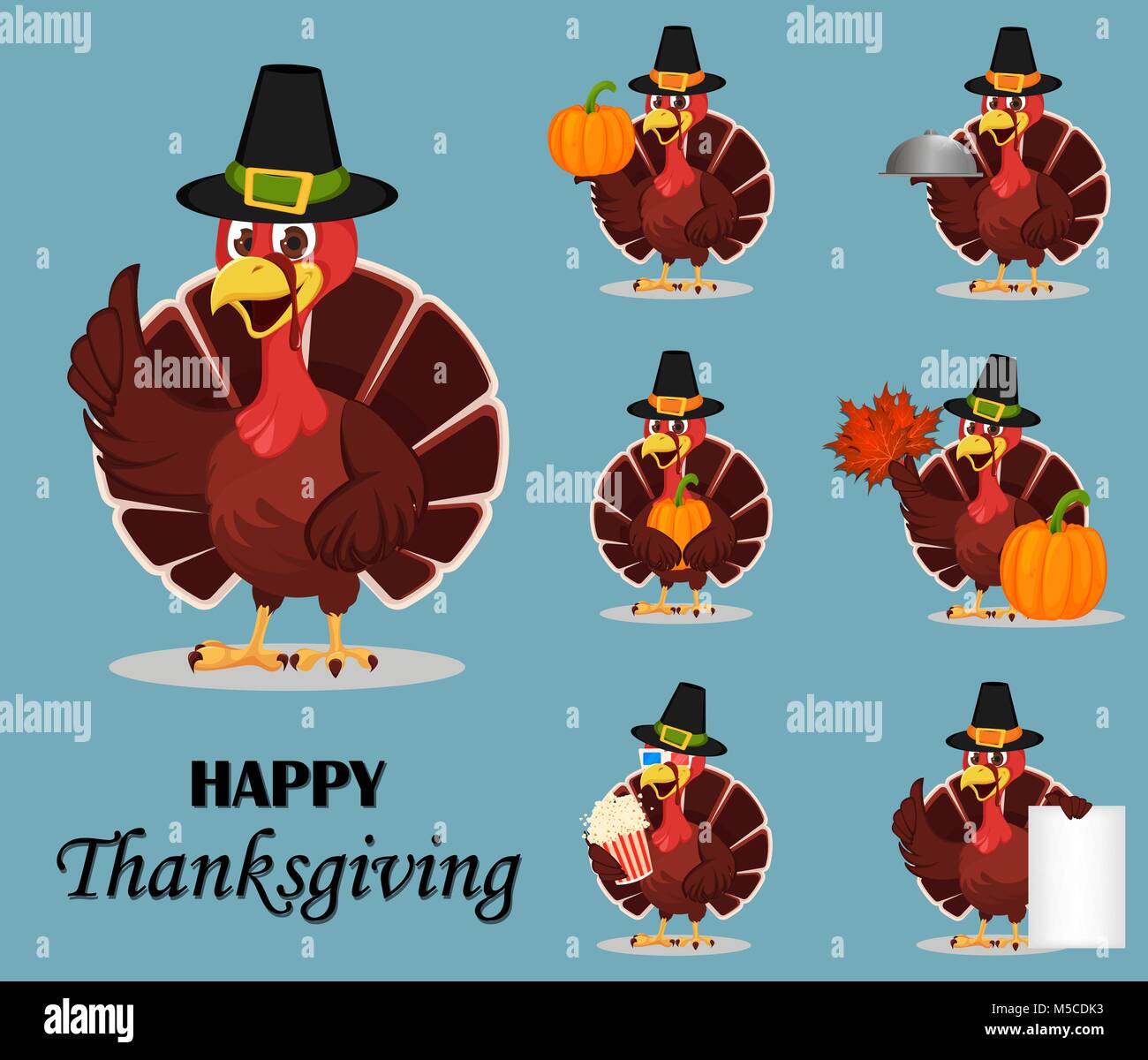 Thanksgiving turkey bird wearing a Pilgrim hat and holding different ...