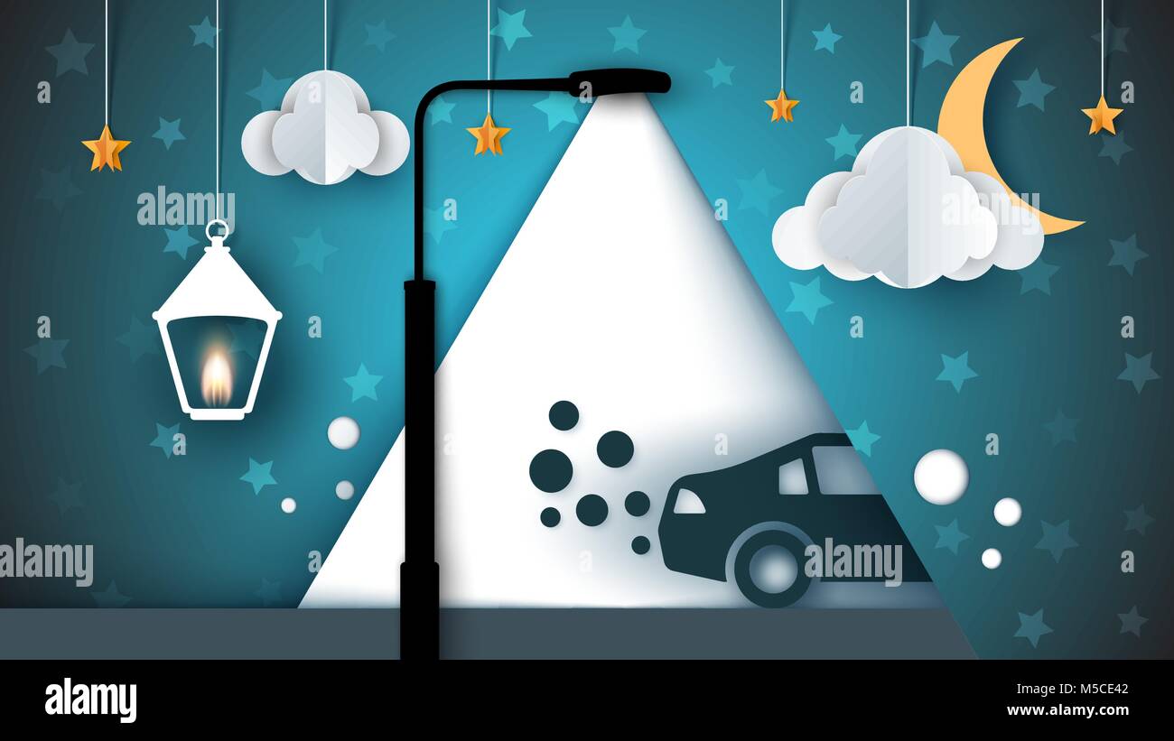 Cartoon paer landscape. Street lamp, bulb, light, car, cloud, moon ...