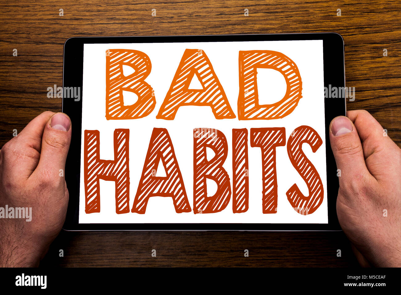 Hand writing text caption Bad Habits. Business concept for Improvement ...