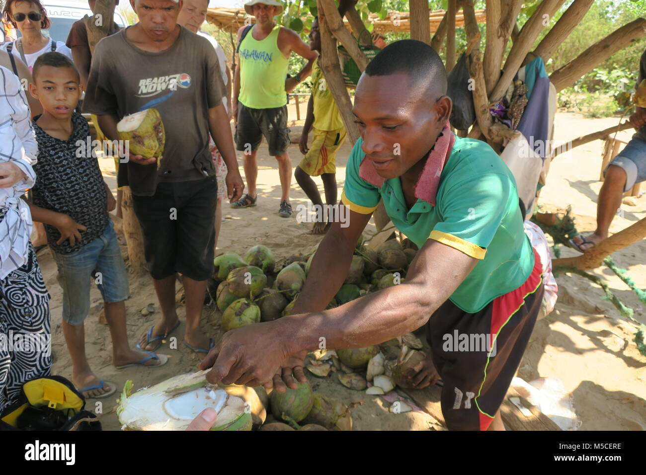 Native local human sell coconuts to tourists at riverside of ...