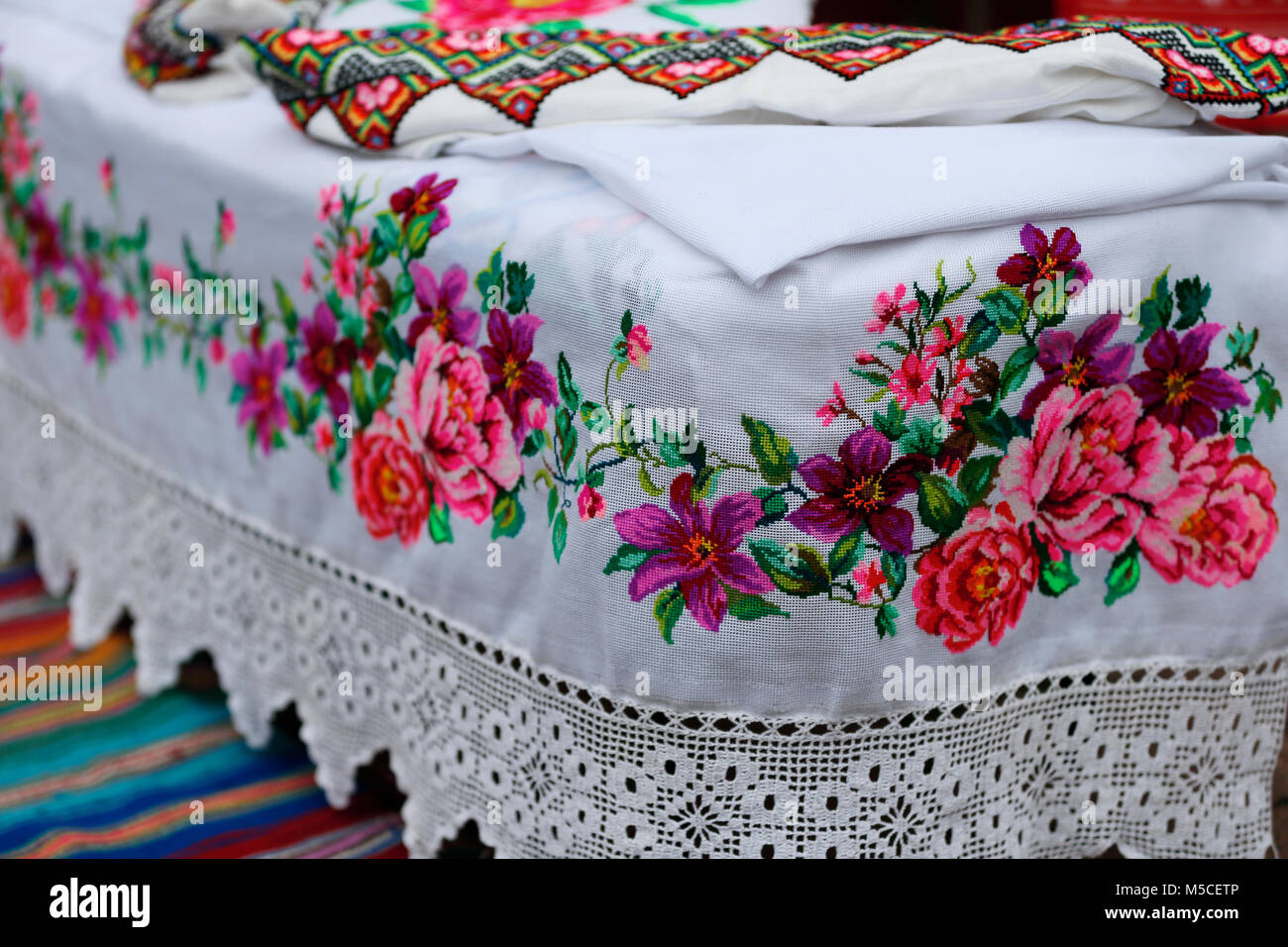 Hand embroidery cross stitch flower ornament hi-res stock photography ...