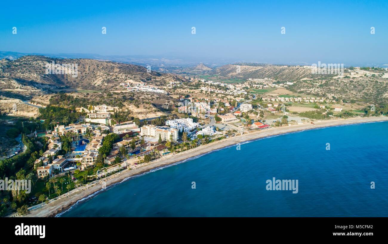 Aerial bird's eye view of Pissouri bay, a village settlement between ...