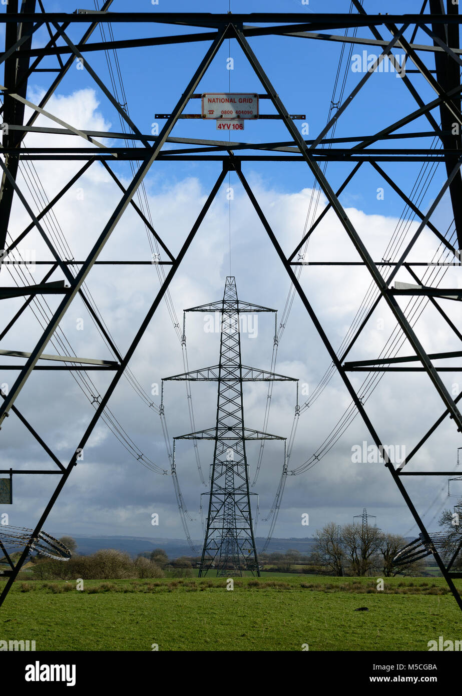 Electricity pylons crossing the countryside in Carmarthenshire, west ...