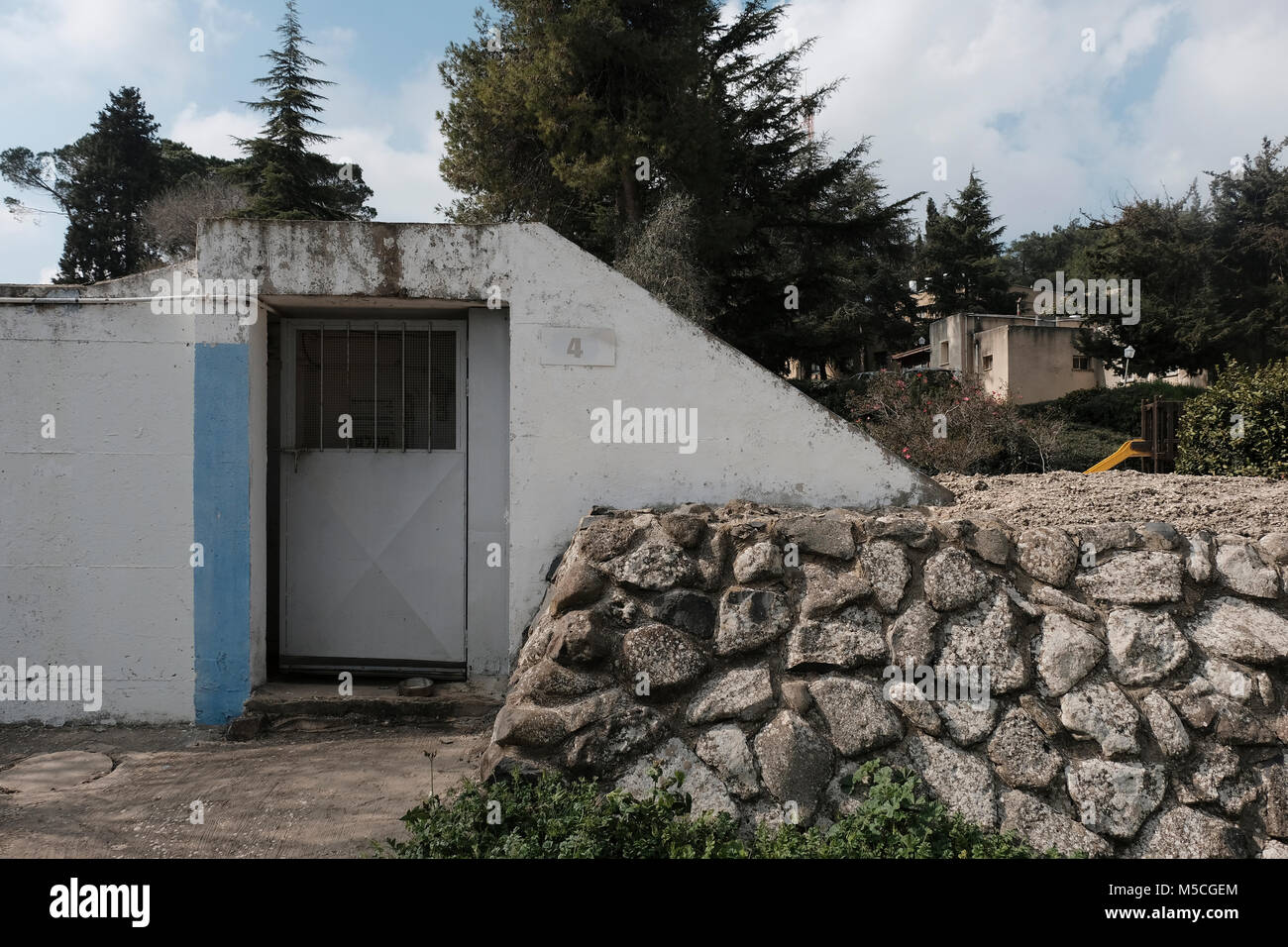 Entrance to a public bomb shelter in Misgav Am a kibbutz located close ...