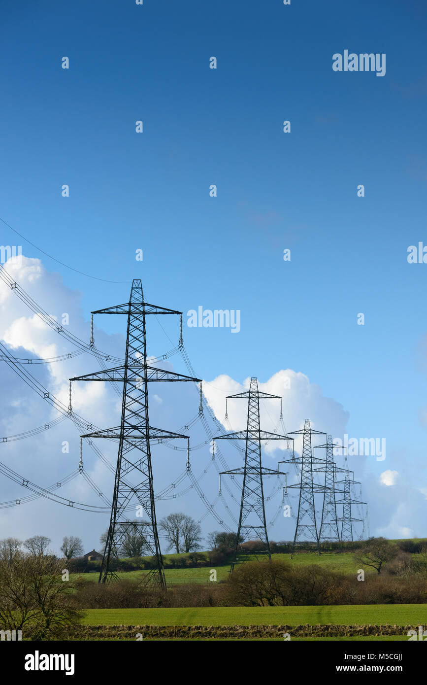Electricity pylons crossing the countryside in Carmarthenshire, west ...