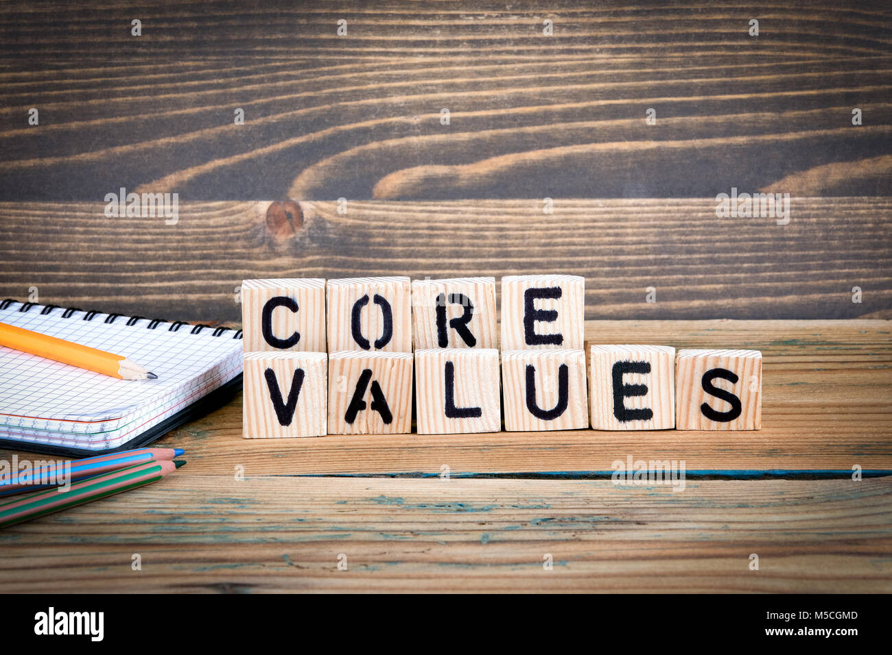 core values. Wooden letters on the office desk, informative and ...