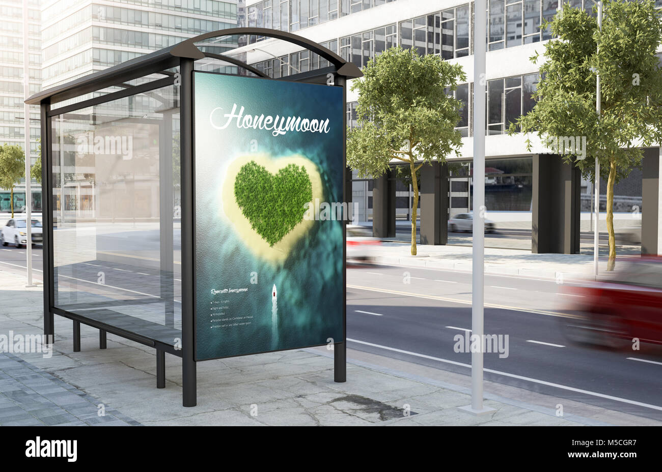bus stop travel poster billboard on the street 3d rendering Stock Photo ...