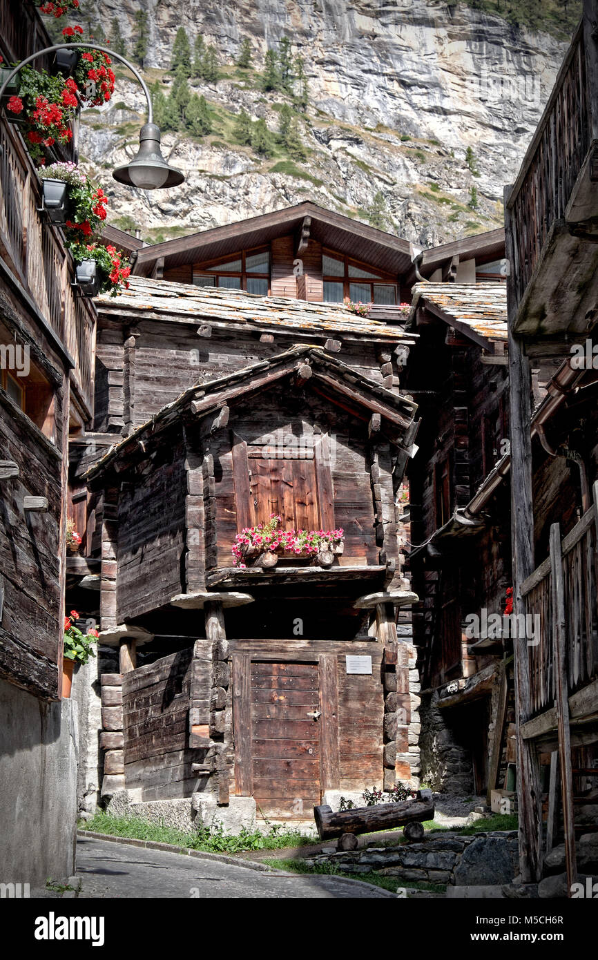 Part of the old town of Zermatt has been preserved. Narrow streets ...