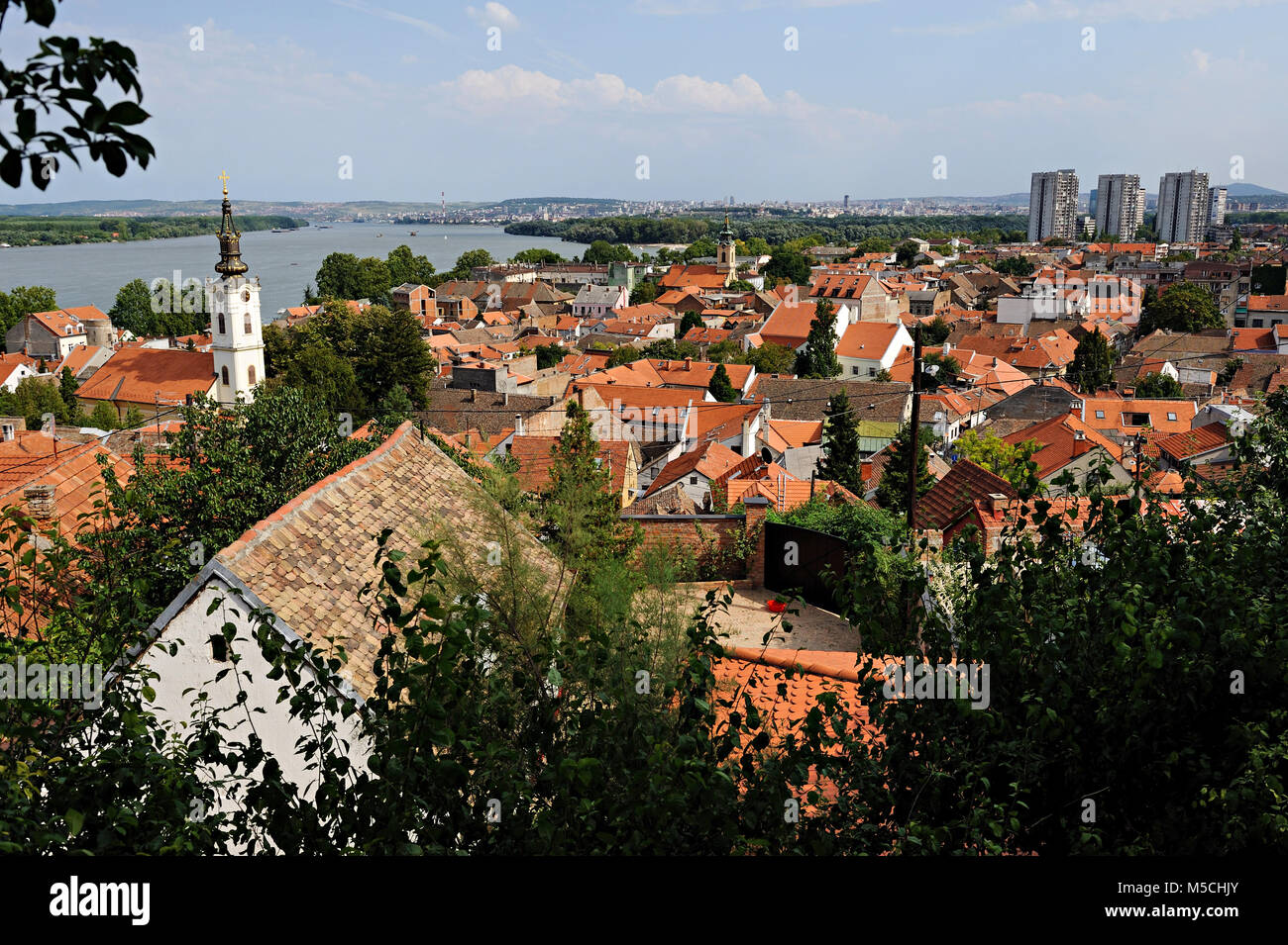 Rooftop view of Serbian capital city Belgrade and Danube river from ...