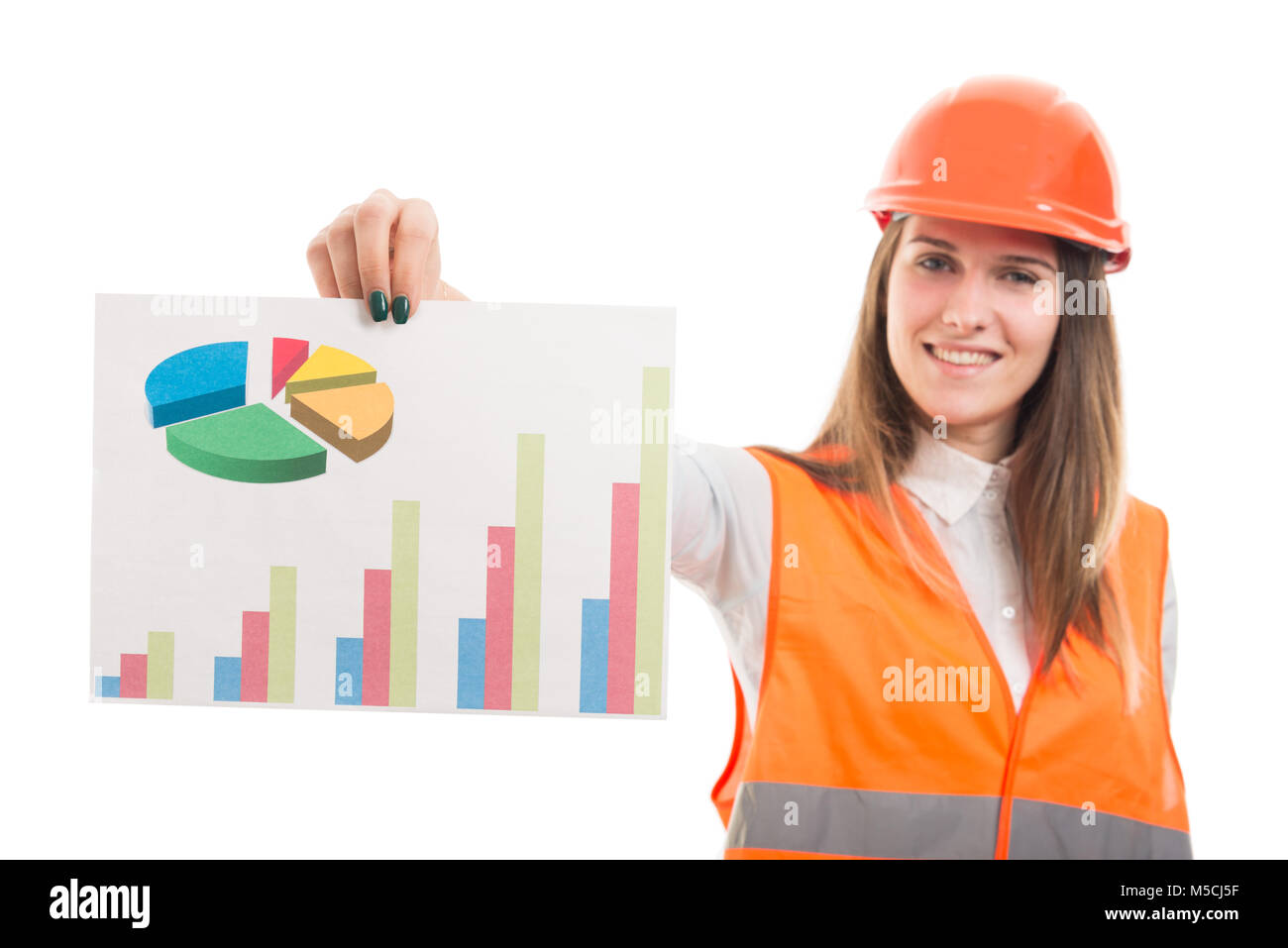 Beautiful architect engineer woman showing paper with chart and ...
