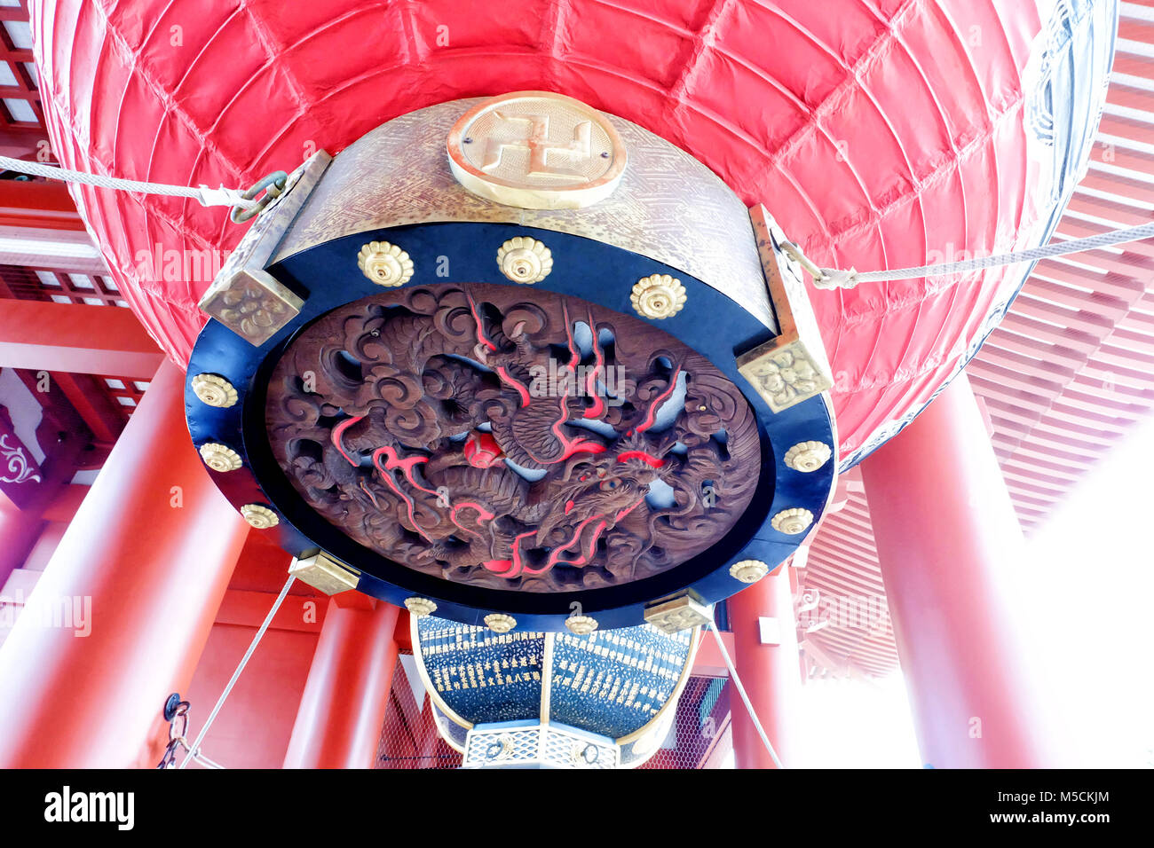 Big red lamp Japanese art style hanging from the ceiling Stock Photo ...