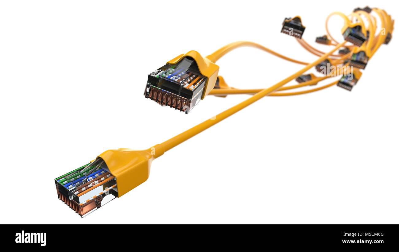 twisting yellow internet cables. conceptual 3d illustration of ethernet ...