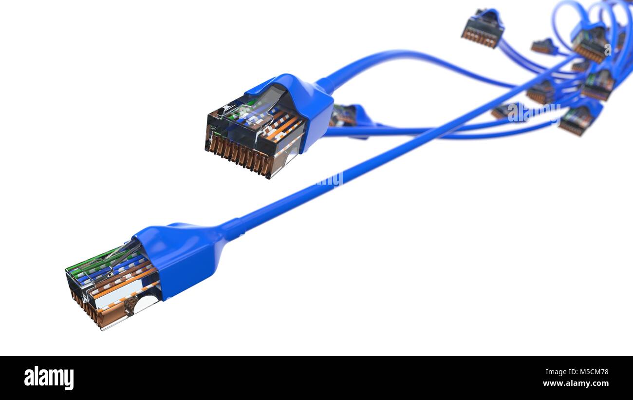 twisting blue internet cables. conceptual 3d illustration of ethernet ...