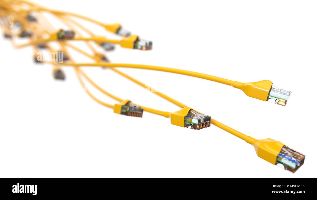 twisting yellow internet cables. conceptual 3d illustration of ethernet ...