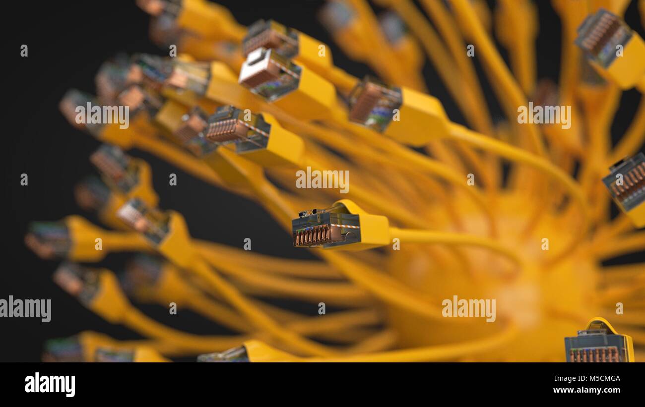 yellow internet cables and sphere. conceptual 3d illustration of ...
