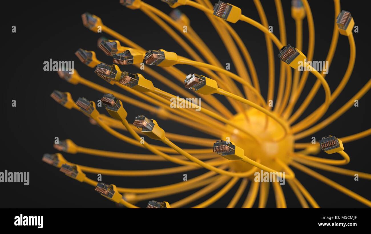 yellow internet cables and sphere. conceptual 3d illustration of ...
