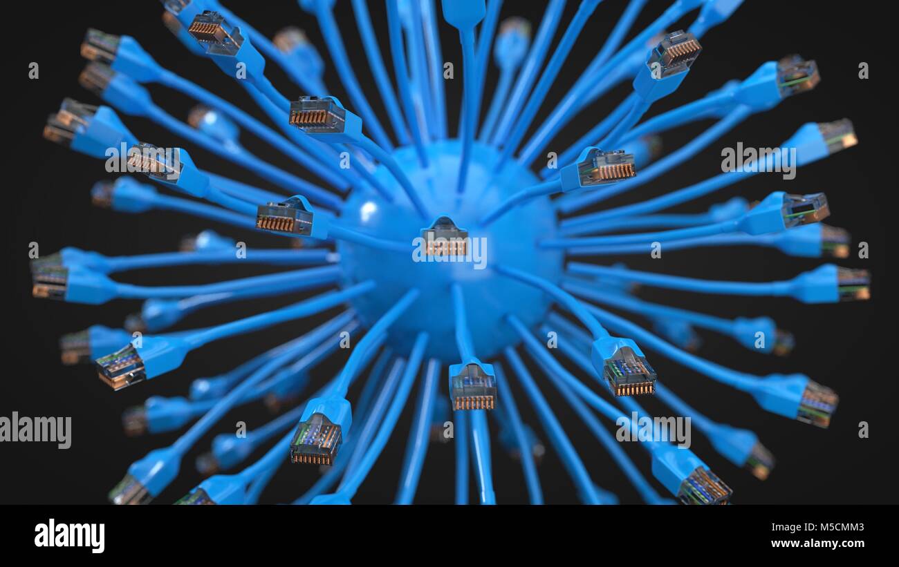 blue internet cables and sphere. conceptual 3d illustration of ethernet ...