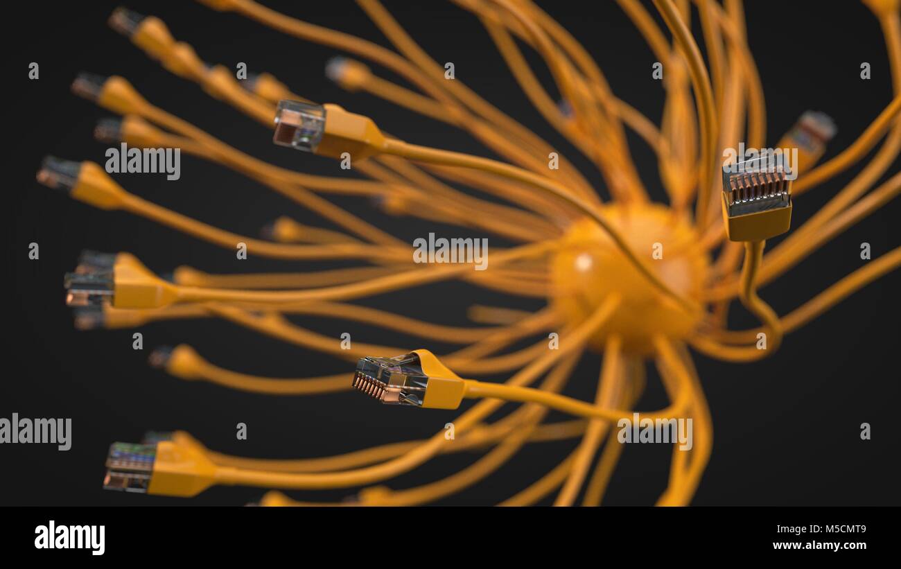 yellow internet cables and sphere. conceptual 3d illustration of ...