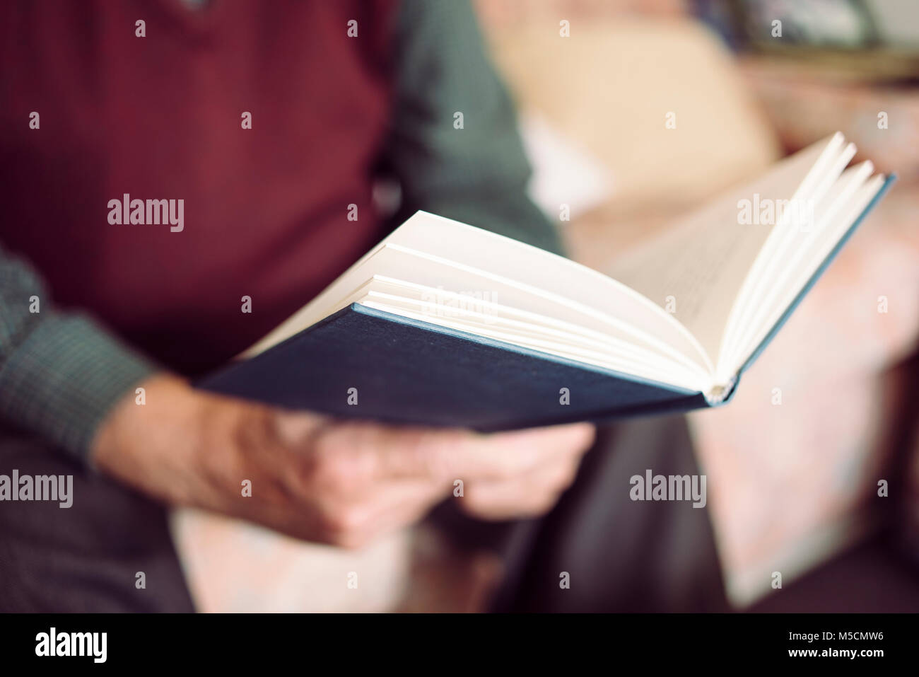 closeup of an old caucasian man reading a book sitting in a comfortable ...