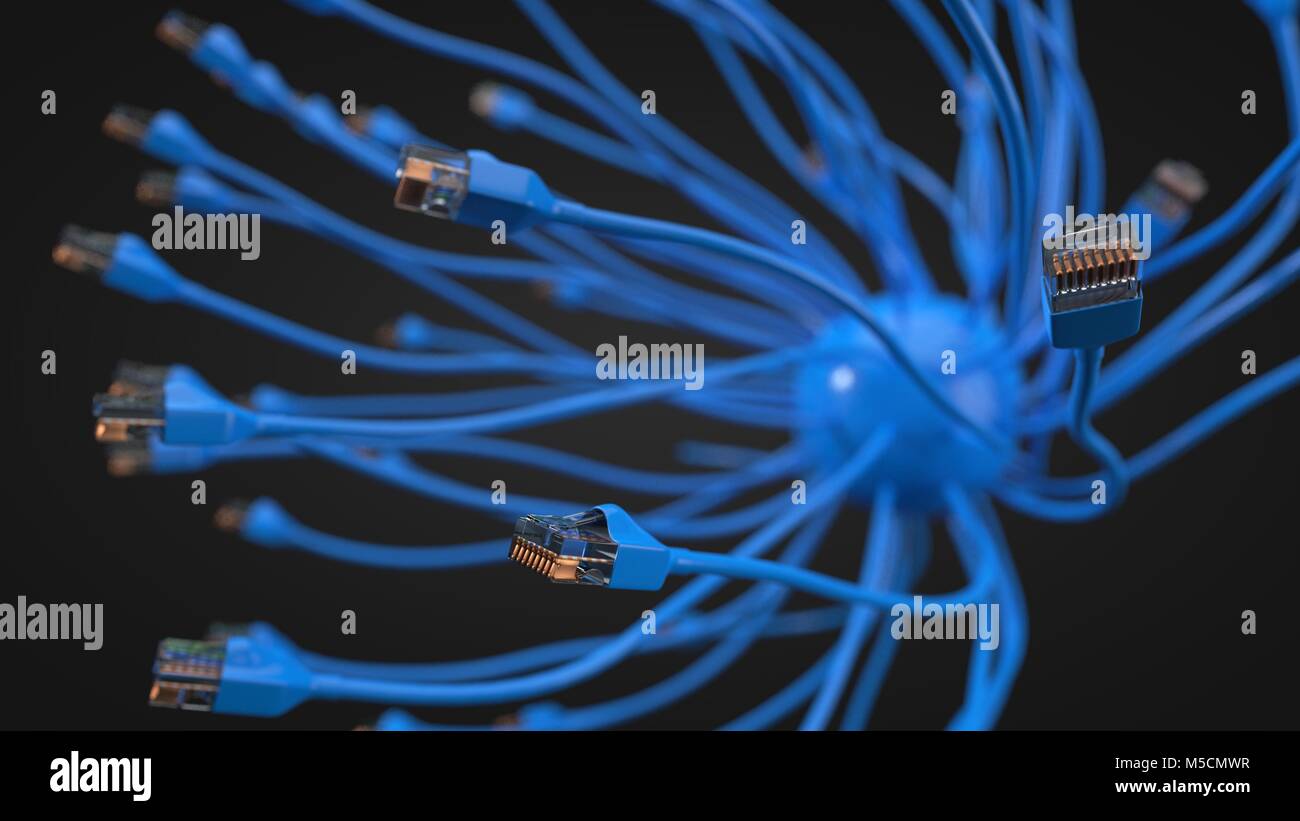 blue internet cables and sphere. conceptual 3d illustration of ethernet ...