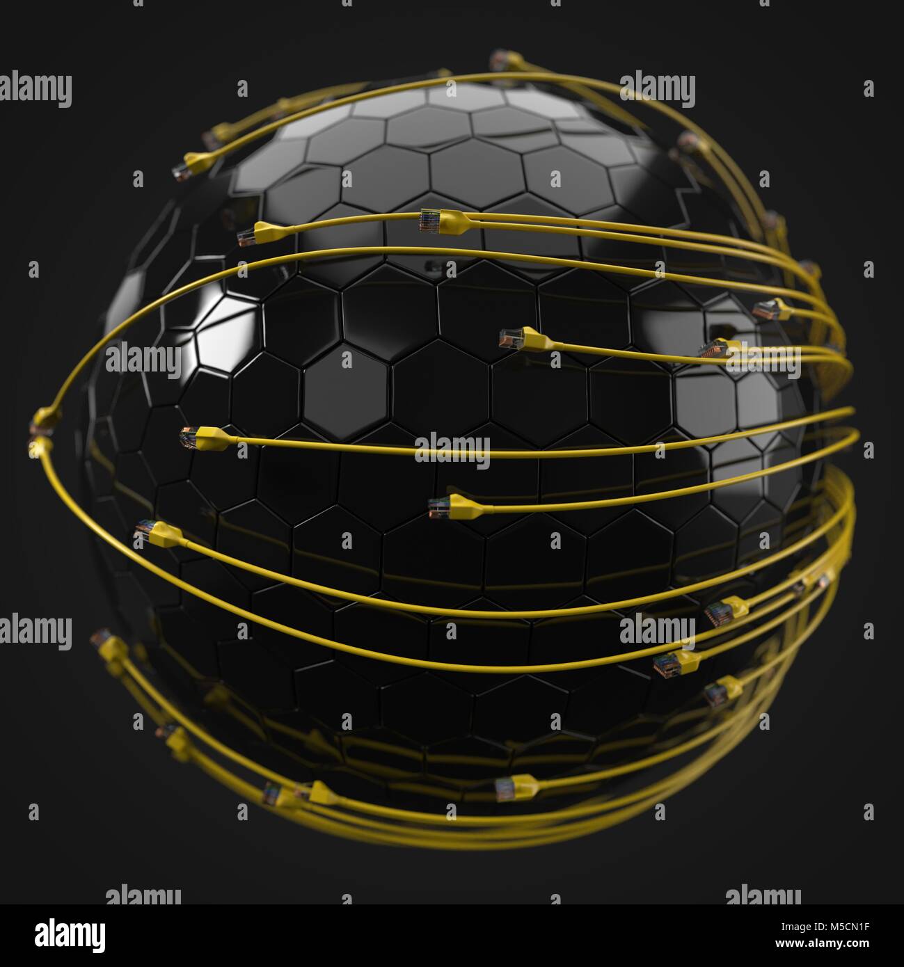 yellow internet cables covering hi-tech sphere. conceptual 3d ...