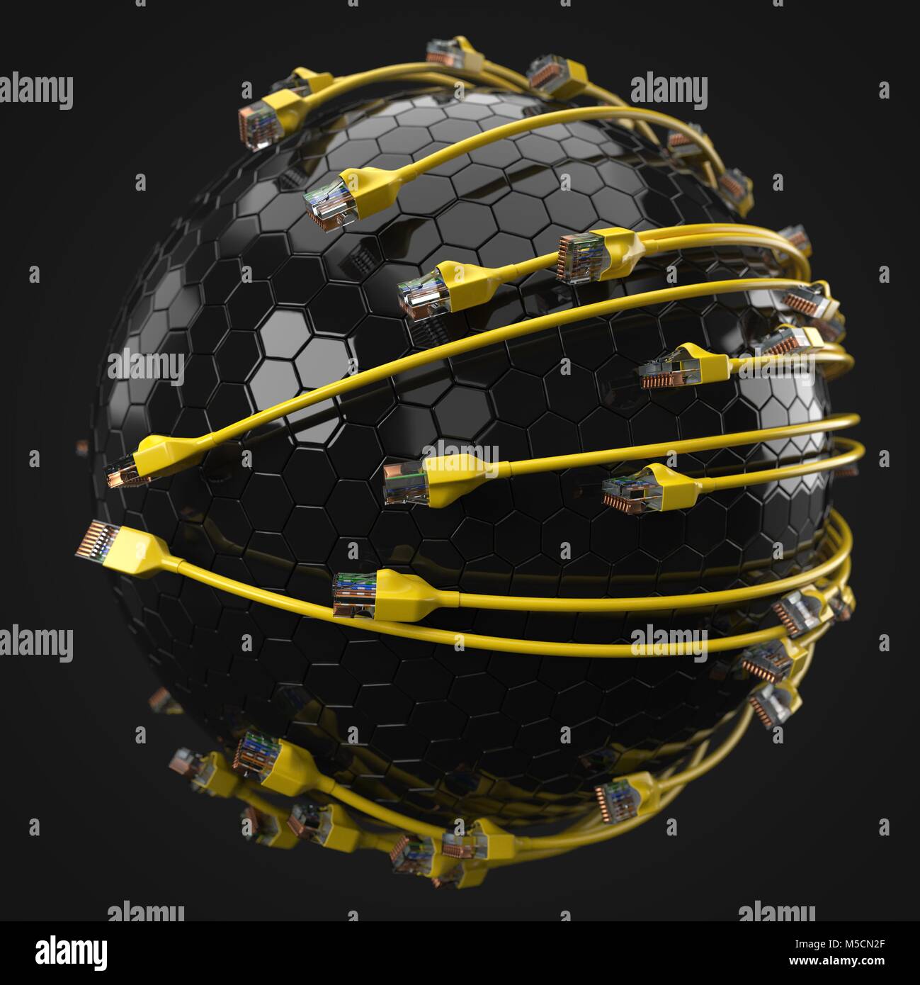 yellow internet cables covering hi-tech sphere. conceptual 3d ...