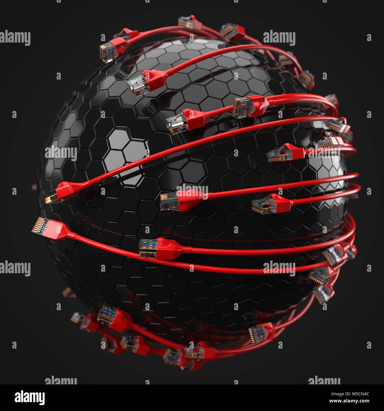 red internet cables covering hi-tech sphere. conceptual 3d illustration ...