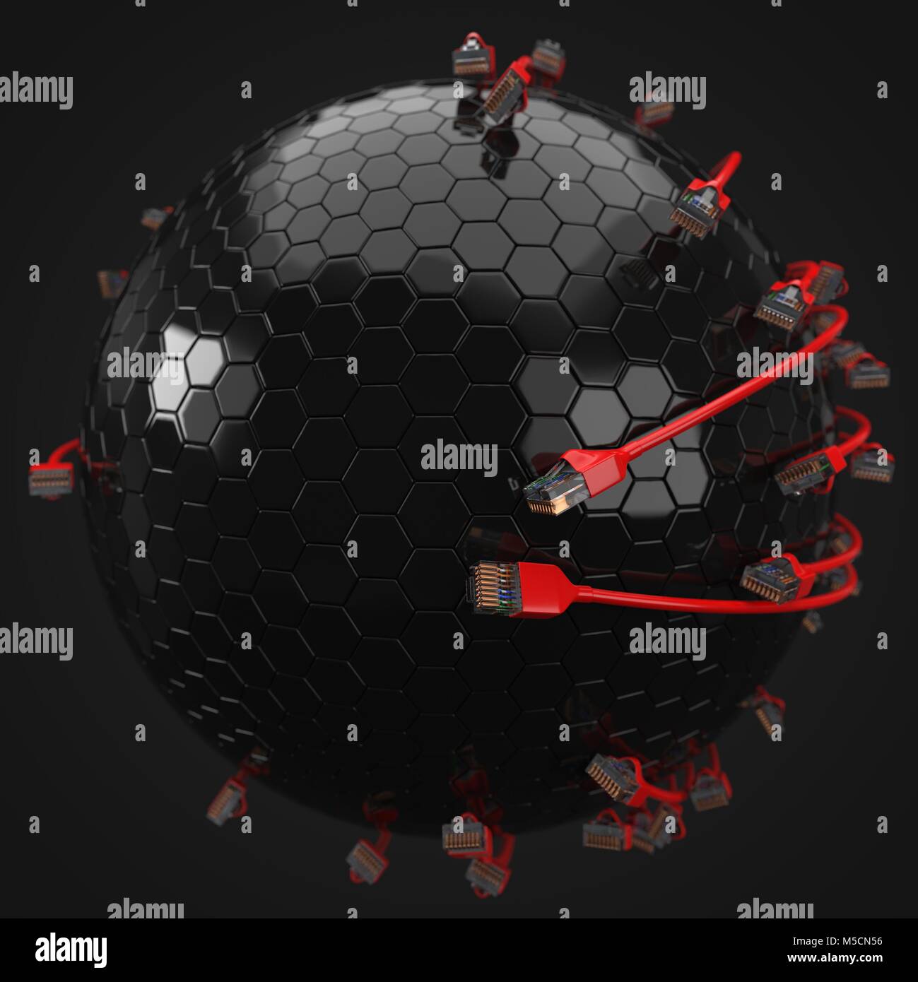red internet cables covering hi-tech sphere. conceptual 3d illustration ...