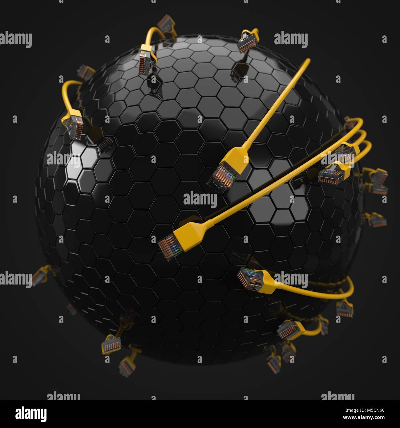 yellow internet cables covering hi-tech sphere. conceptual 3d ...