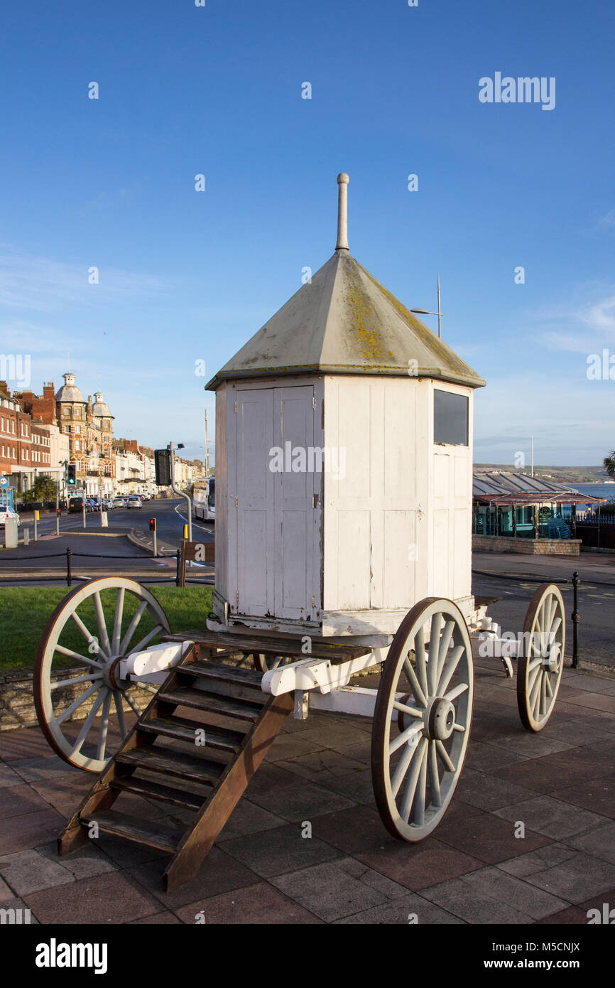 WEYMOUTH, DORSET, UK - DECEMBER 26, 2017. A vintage changing hut ...