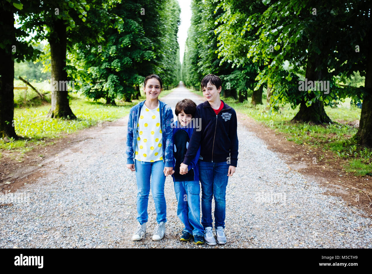 Three brothers portrait in a tree lined avenue Stock Photo - Alamy