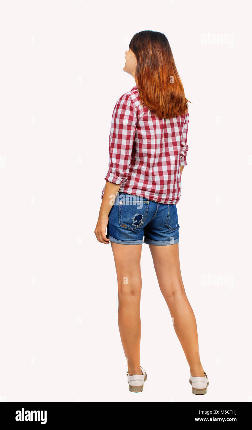 Back View Of Standing Young Beautiful Woman Girl Watching Rear View People Collection