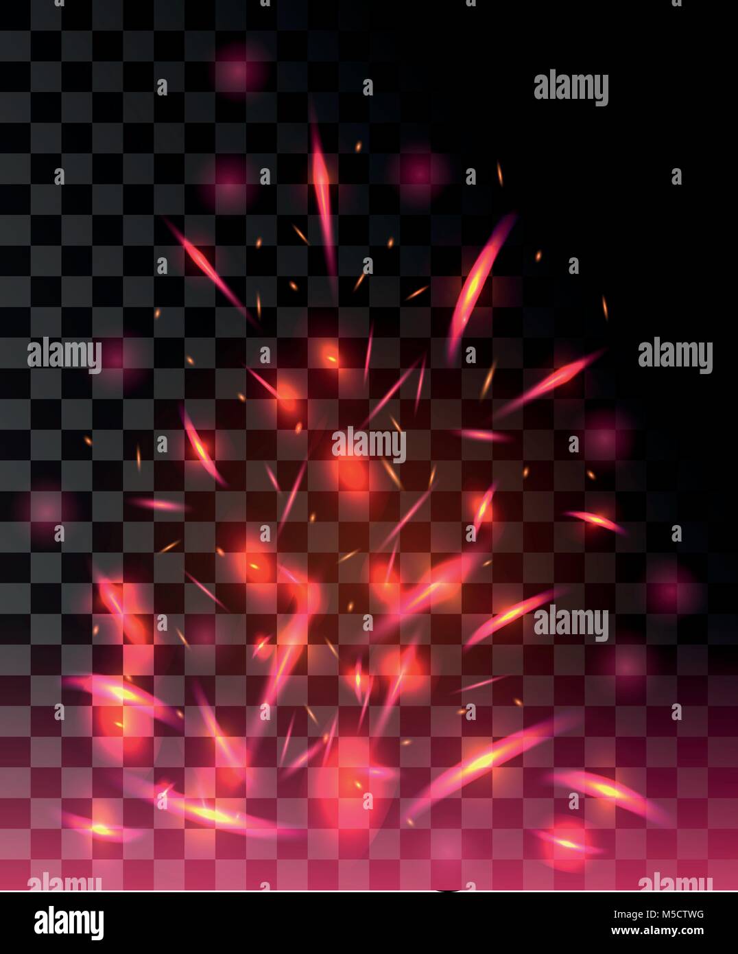 Red flame of fire with sparks flying up glowing particles on dark ...