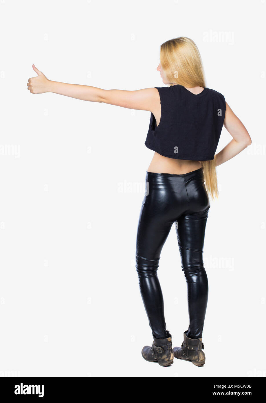 Back view of woman thumbs up. Rear view people collection. backside ...