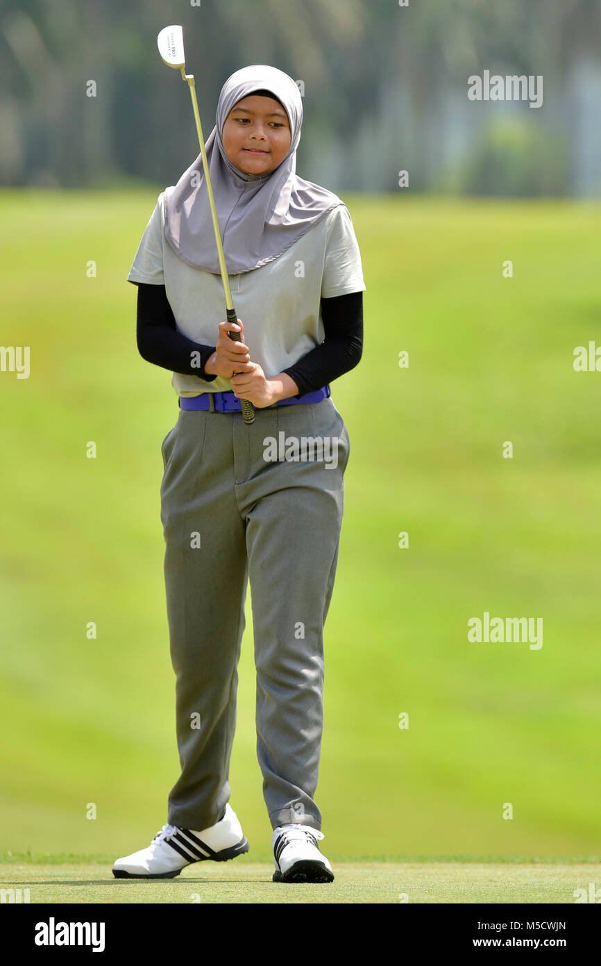 Danau, UKM Bangi - FEBRUARY 10: Anis Sofea reacts after plays a putt ...