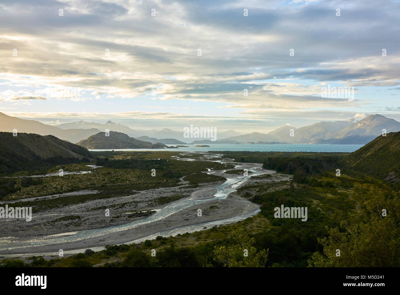 Chacabuco River flowing into Carretera Lake in Patagonia, Chile. The ...