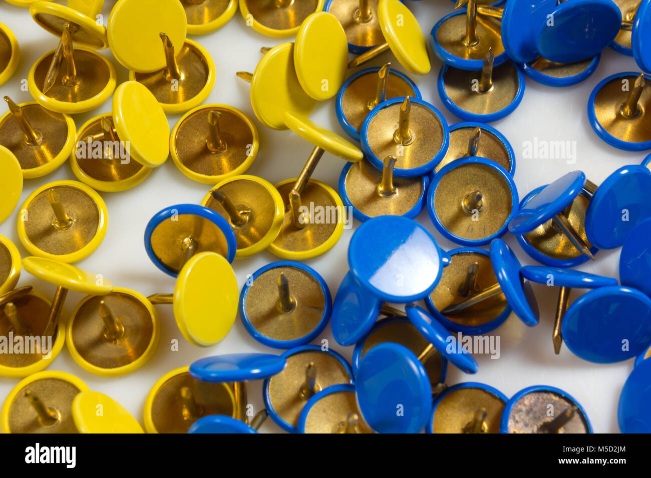 Blue and yellow pushpins scattered accross a white background Stock ...