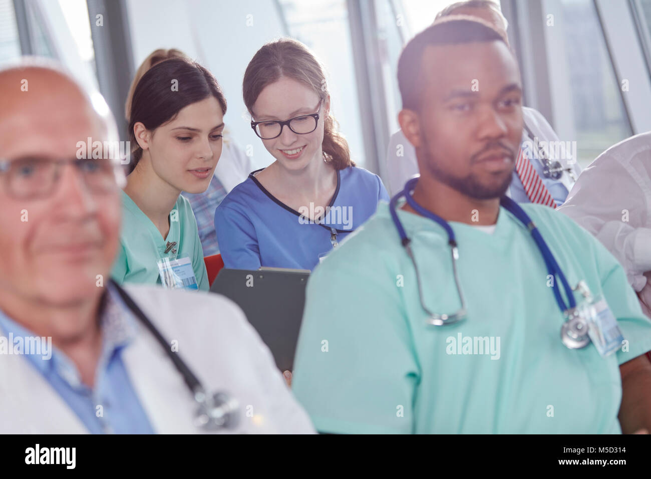 Female nurses talking in conference audience Stock Photo - Alamy
