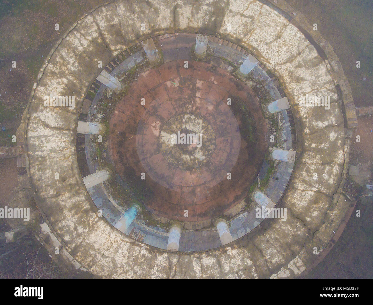 Top-down drone view of the rotunda of abandoned old restarant on the ...