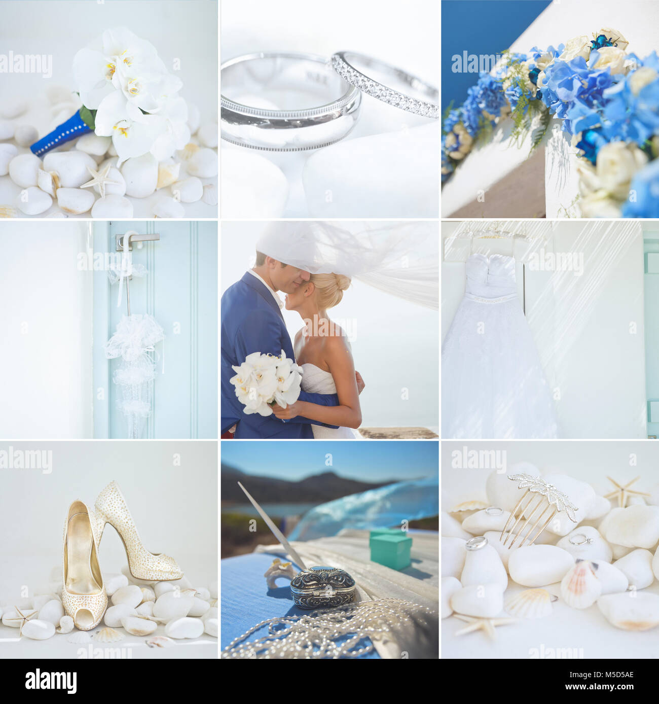 Collage of wedding details of white and blue colors Stock Photo - Alamy