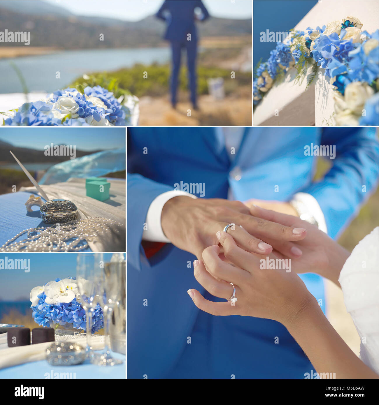 Collage of wedding details of white and blue colors Stock Photo - Alamy