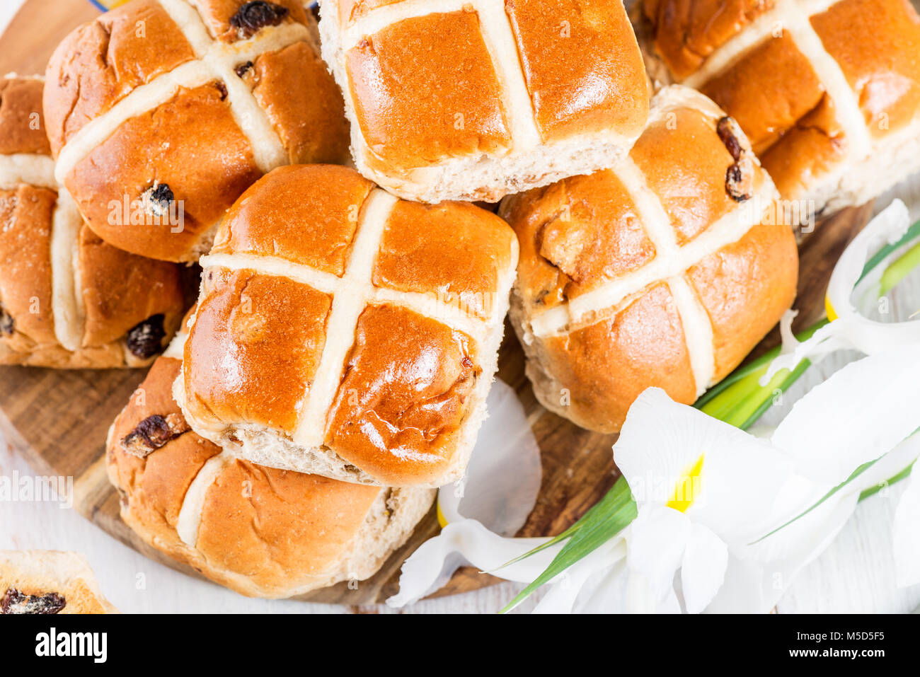 Easter Breakfast with Hot Cross Buns, served on Wooden Chopping Board ...