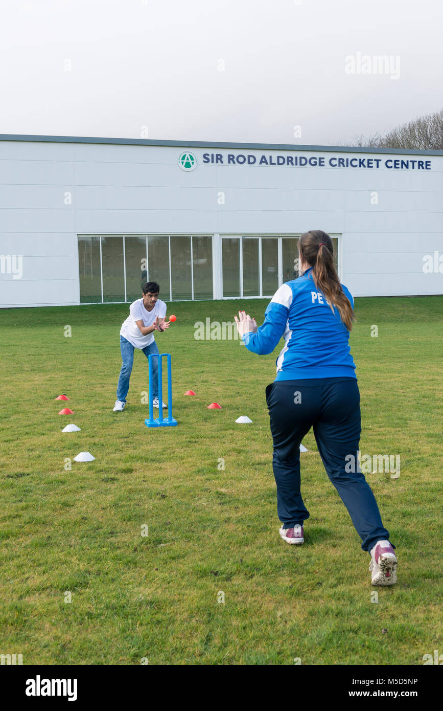 students practice playing cricket on a school playing field as part of ...