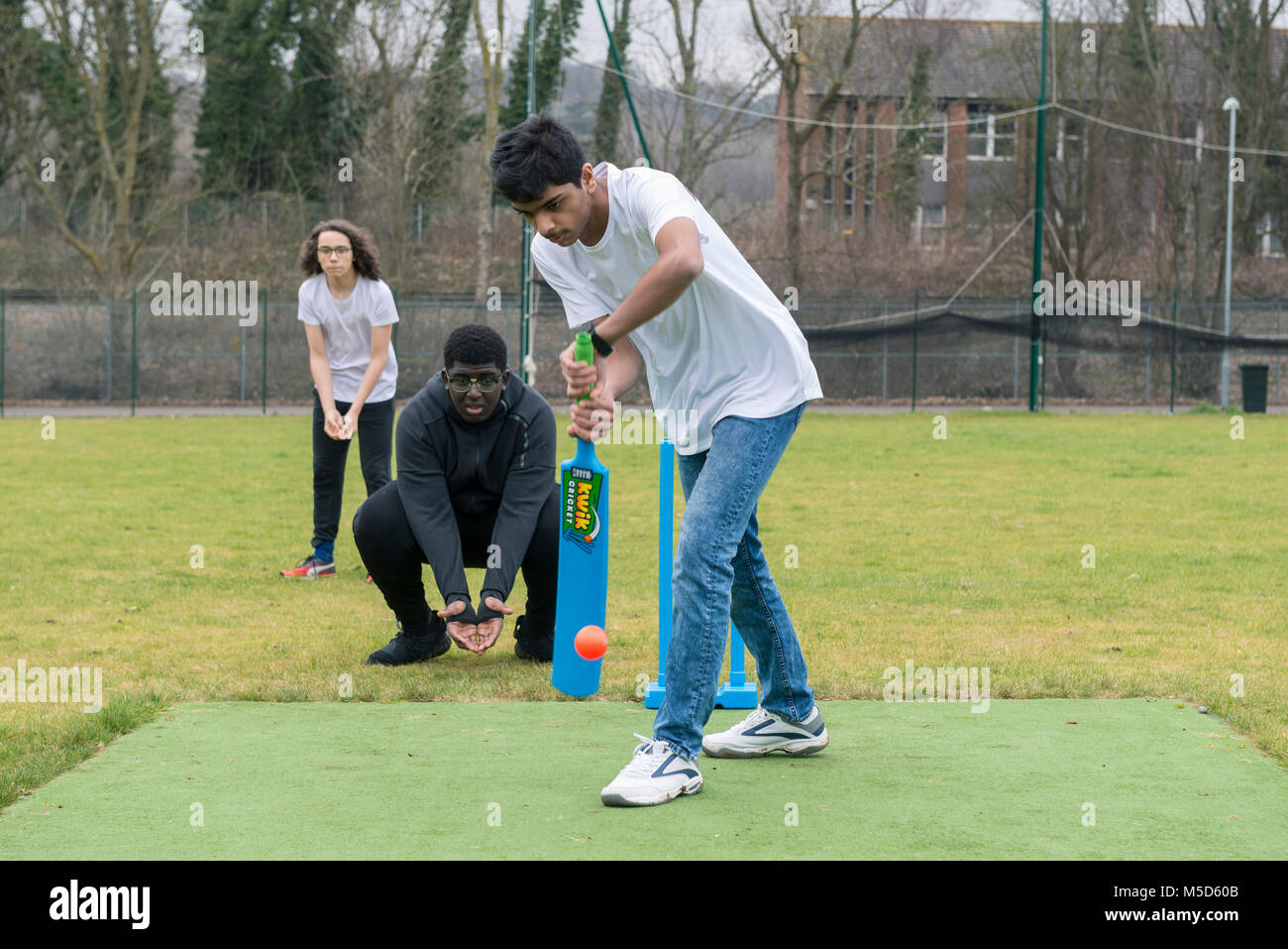 students practice playing cricket on a school playing field as part of ...