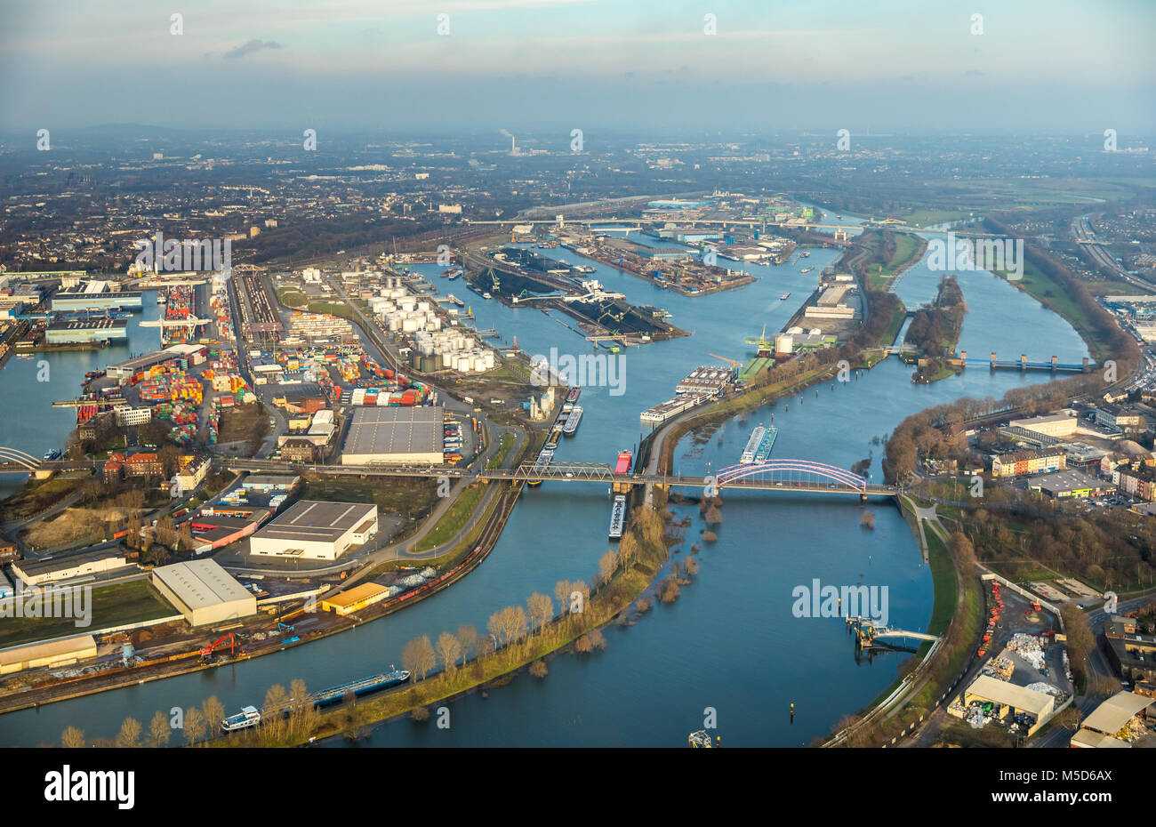 Flood on the Rhine, view of Duisburg inland harbour, Duisburg, Ruhr ...