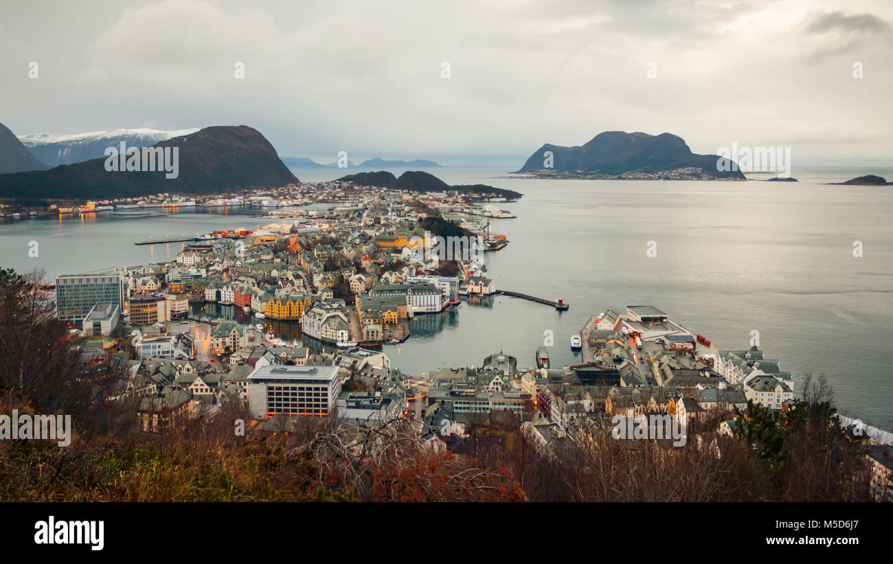Panoramic view of the city of Alesund in Norway during winter Stock ...