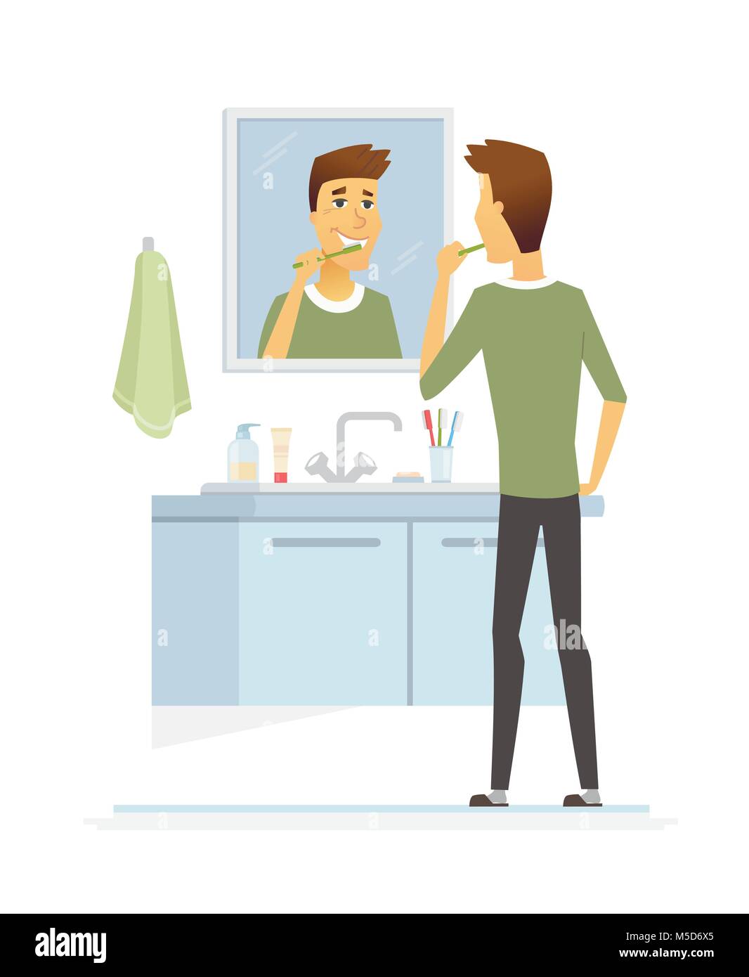 Young man brushing his teeth - cartoon people character isolated ...