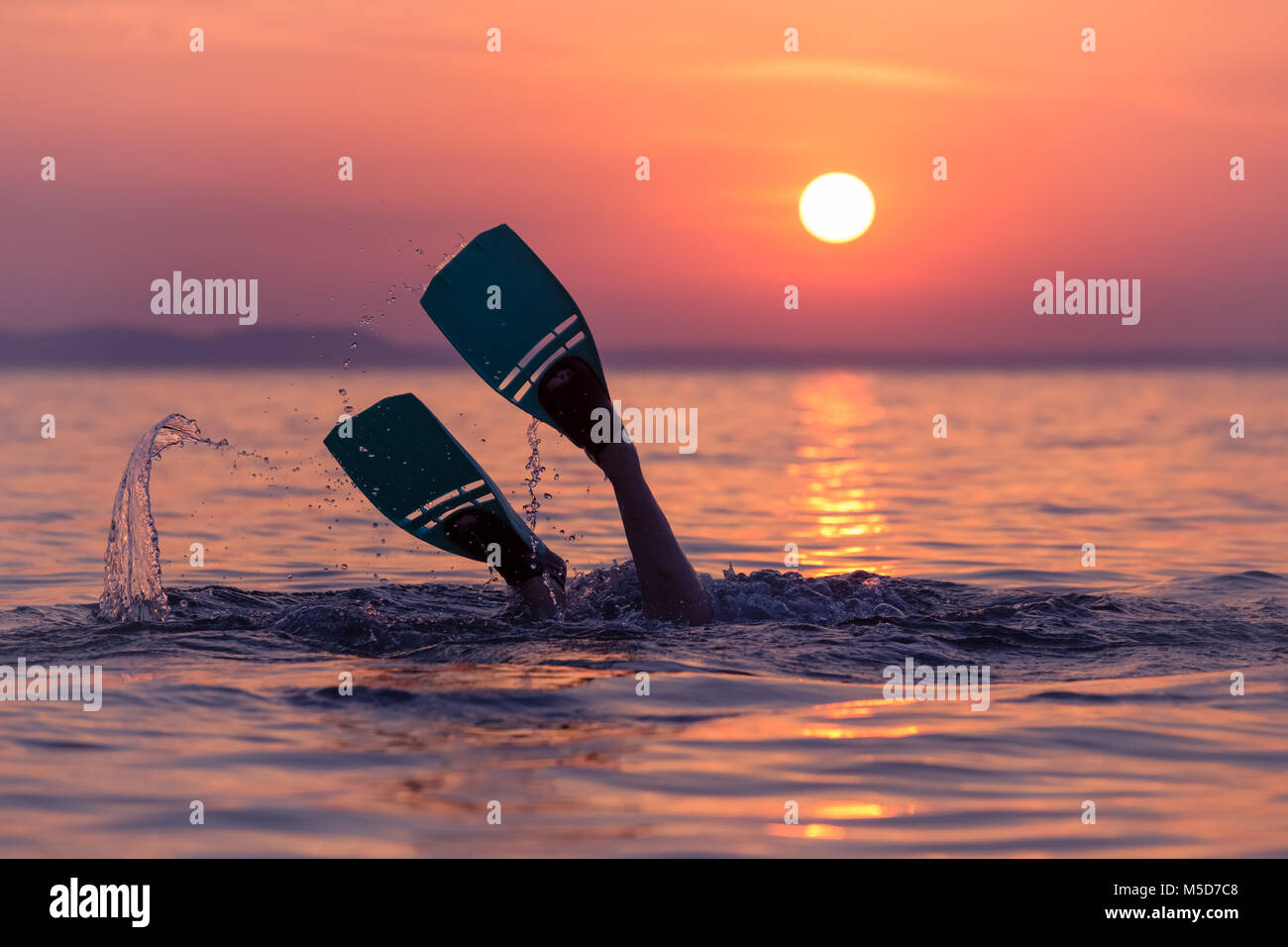 Close up of scuba diver feet with snorkel fins start diving at sunset ...