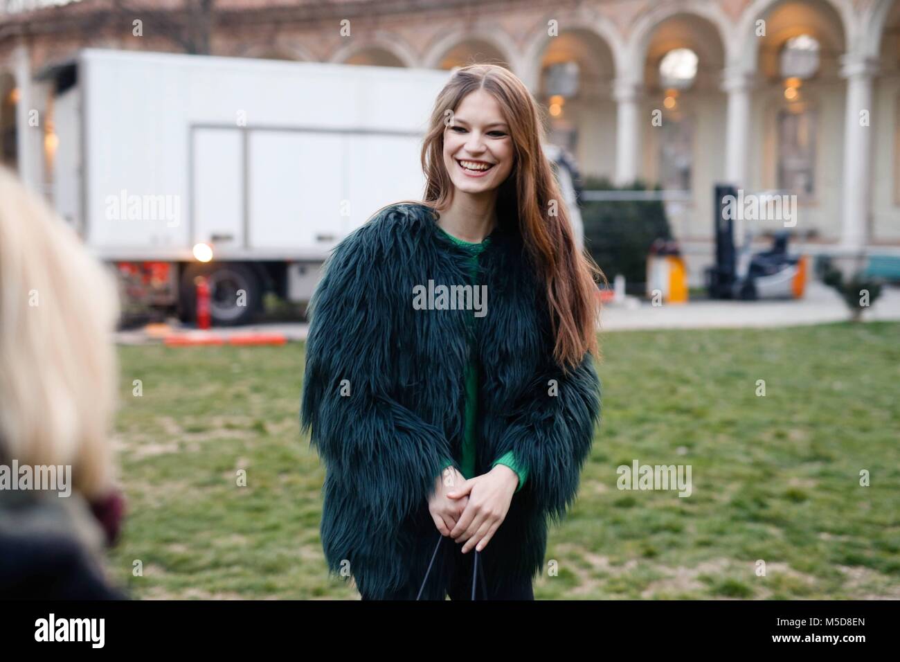 A model attending the Alberta Ferretti show during Milan Fashion Week ...